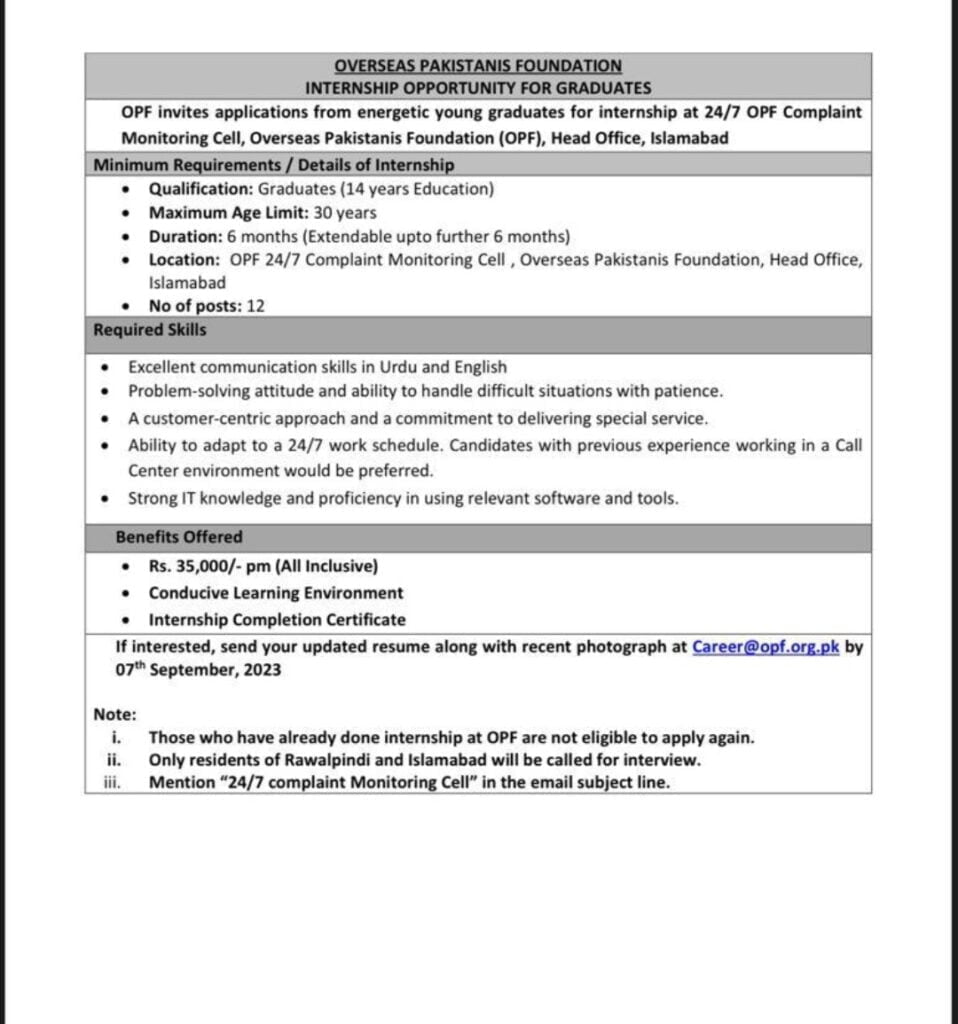 Overseas Pakistanis Foundation OPF Graduate Internship Program 2023