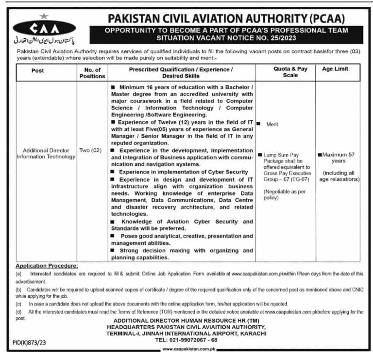 Pakistan Civil Aviation Authority PCAA Latest Jobs 2023 - CAA Jobs in ...