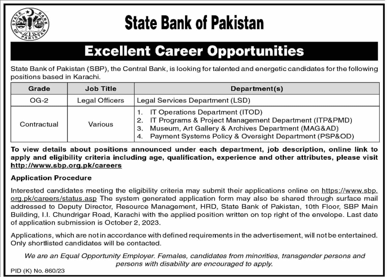 State Bank of Pakistan SBP September Jobs 2023