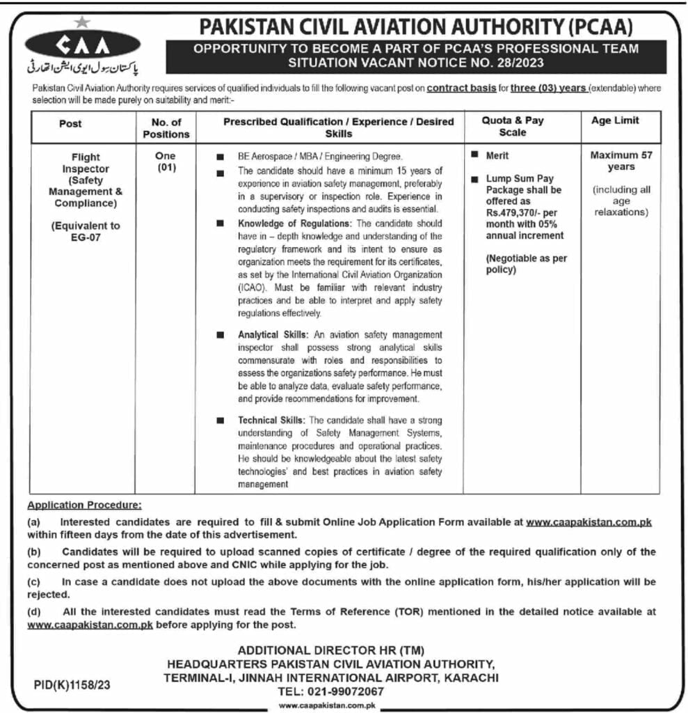 Pakistan Civil Aviation Authority PCAA Flight Inspector Jobs 2023
