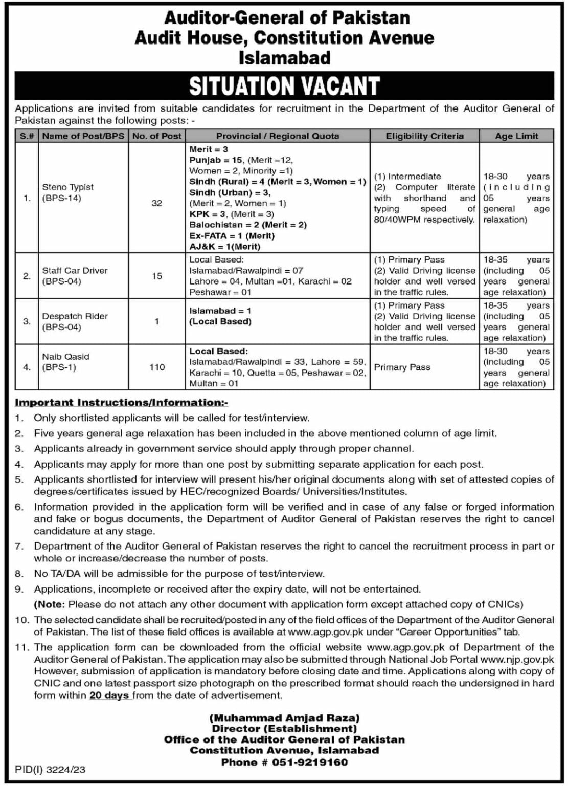 Auditor General of Pakistan Federal Govt Jobs 2023