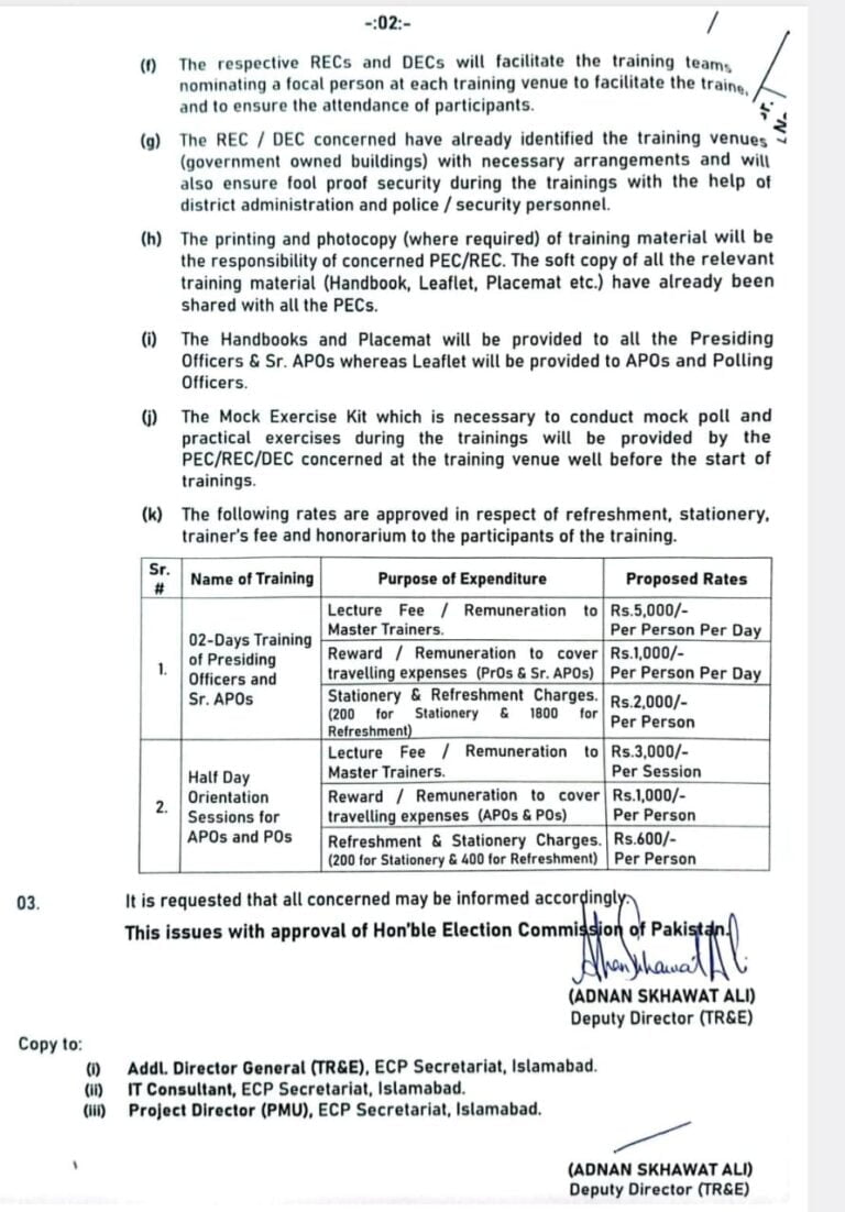 ECP Schedule for Training of Presiding Officers and Polling Officers for GE 2024