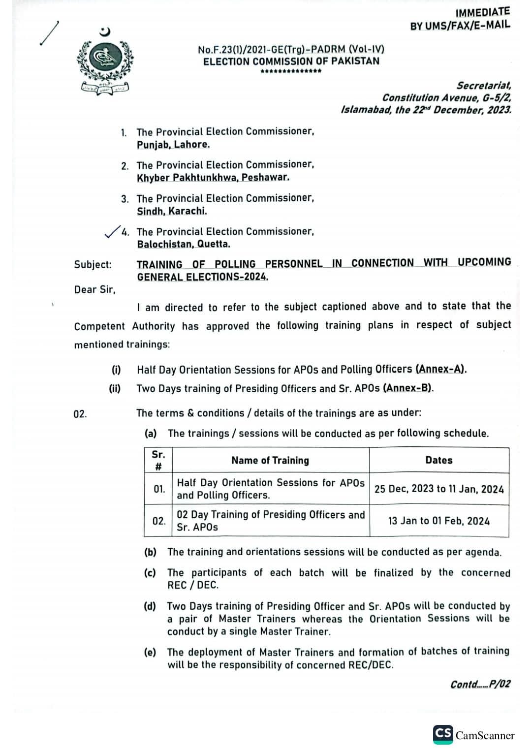 ECP Schedule for Training of Presiding Officers and Polling Officers for GE 2024