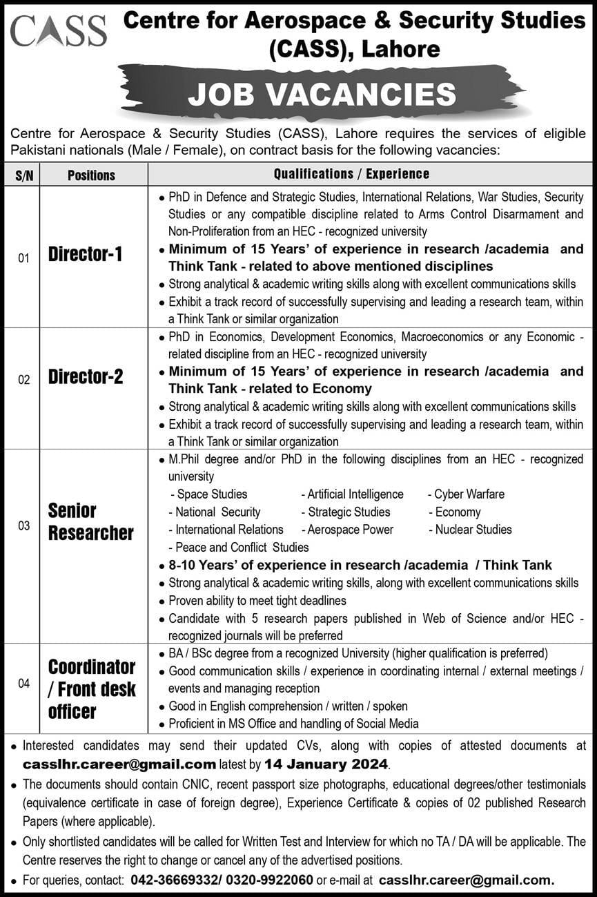Centre for Aerospace and Security Studies CASS Lahore January Jobs 2024