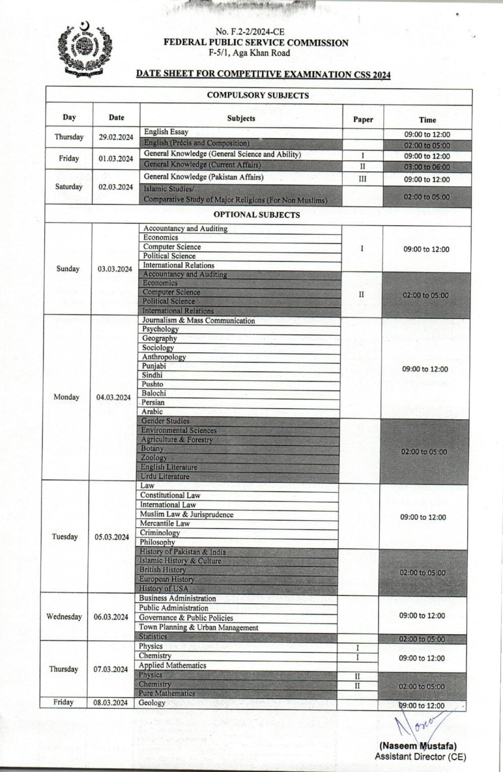 CSS Date Sheet 2024 - Federal Public Service Commission FPSC