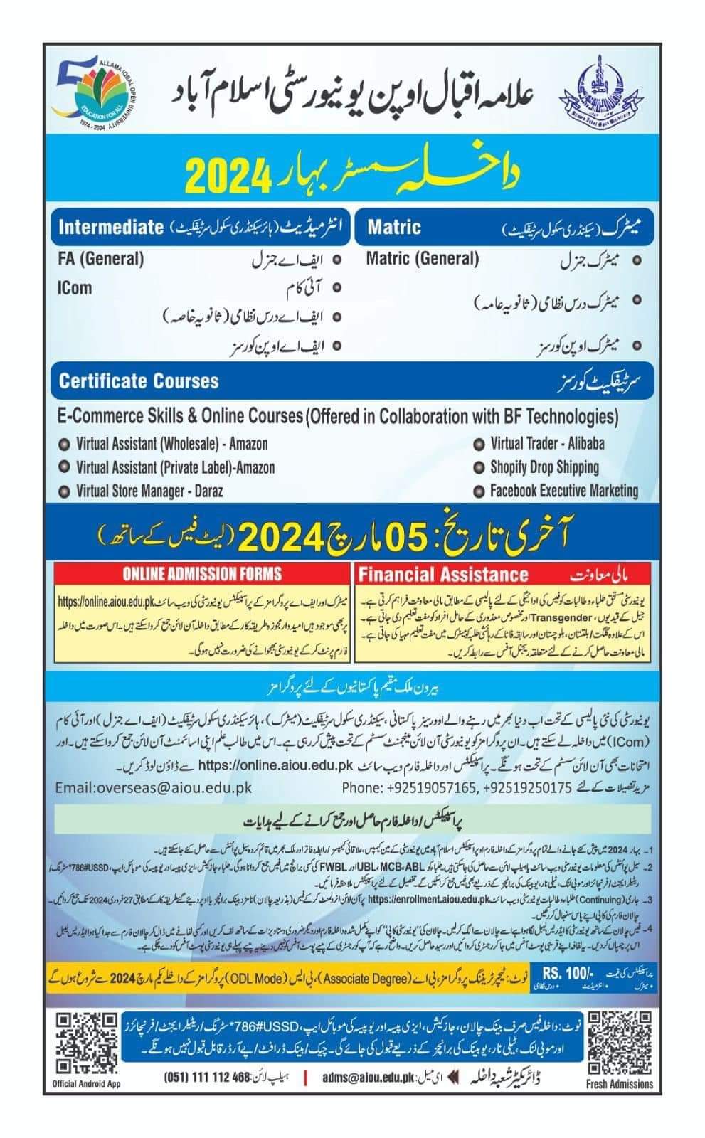 Aiou Spring Semester Admissions 2024 For Matric And Intermediate