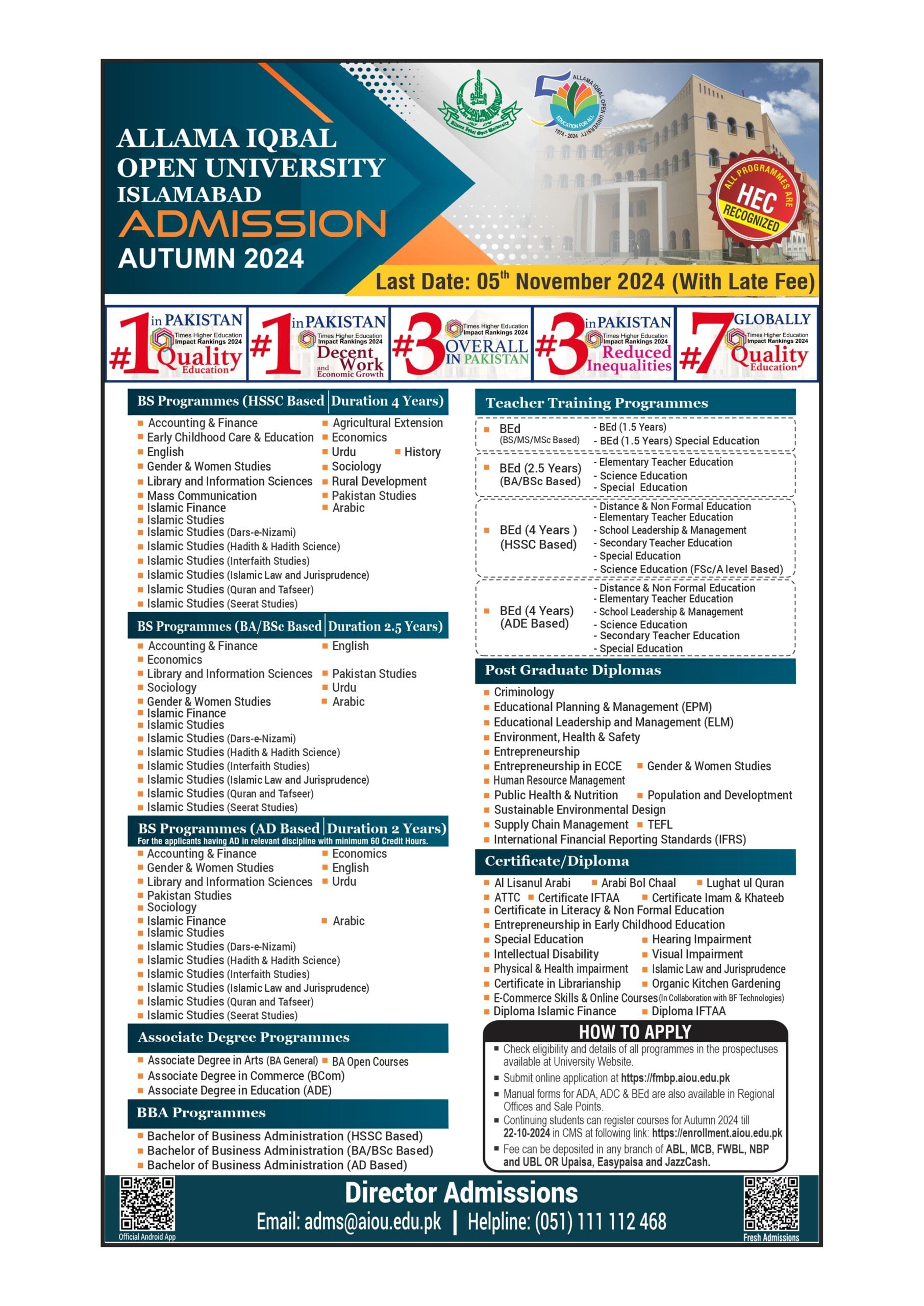 Allama Iqbal Open University AIOU Islamabad Admission Autumn 2024