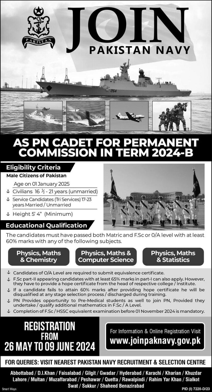 Join Pak Navy Jobs 2024- PN Cadet Commission 2024-B www.joinpaknavy.gov.pk