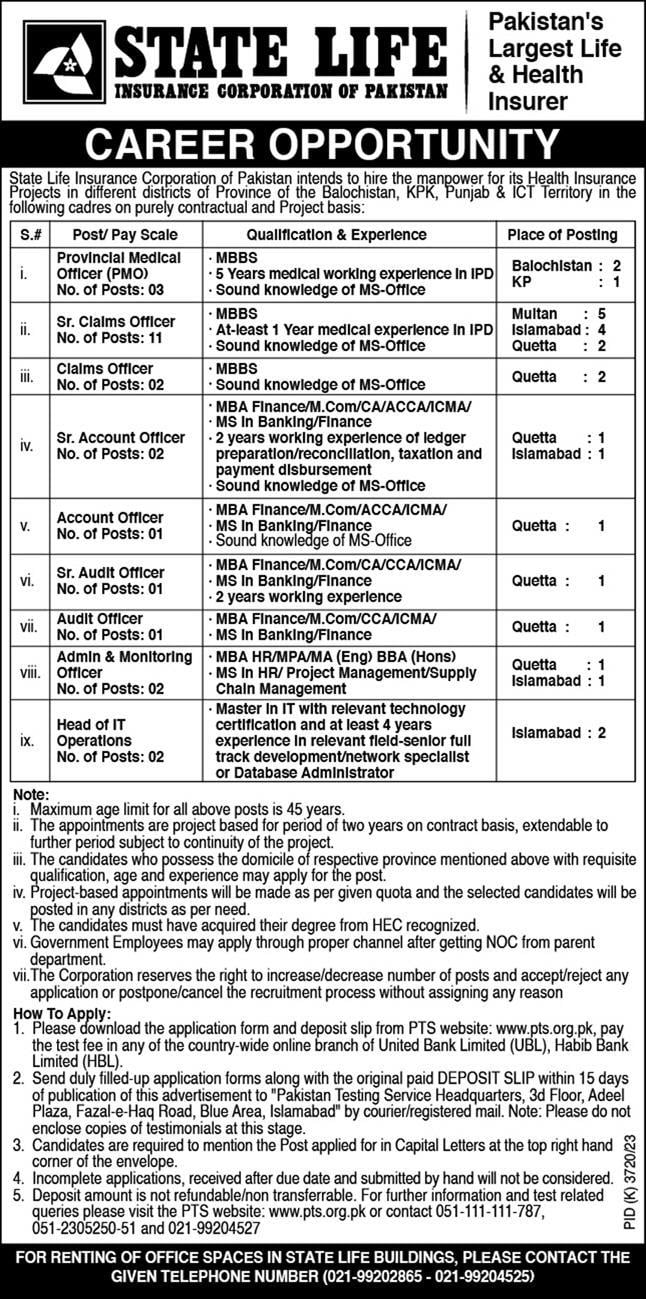 State Life Insurance PTS Jobs 2024 Download Application Form